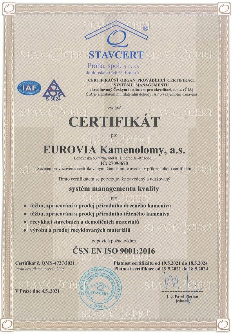 Certifikát QMS dle ČSN EN ISO 9001:2016 | EUROVIA Kamenolomy